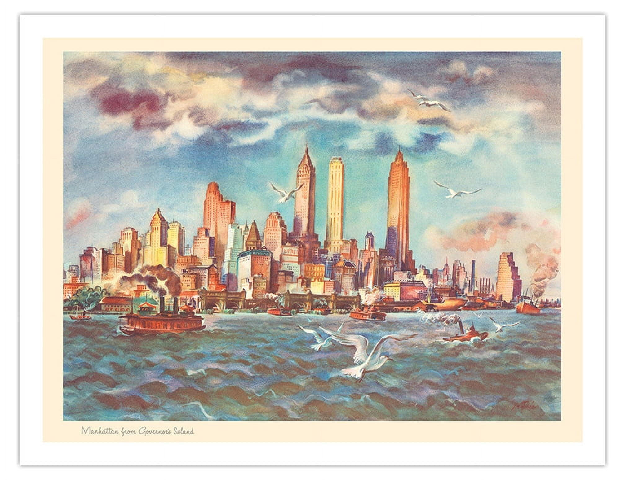 Manhattan from Governor’s Island - New York - United Airlines - Vintage Travel Poster by Joseph ...
