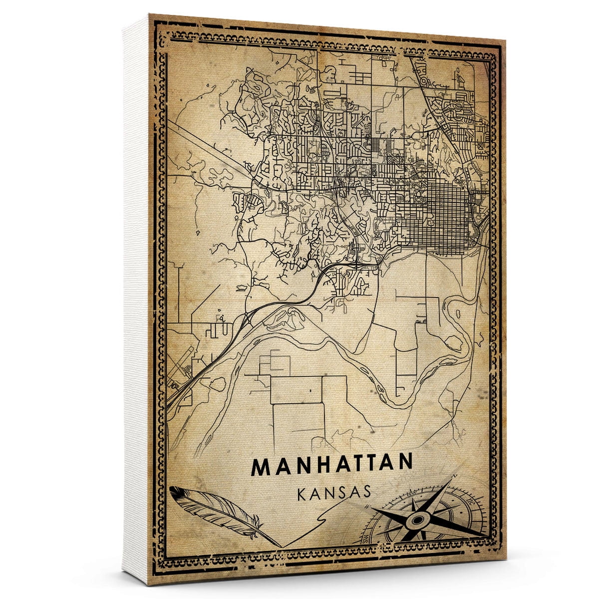 Manhattan Vintage Map Prints Canvas, Kansas Map Art Canvas, Canvas ...