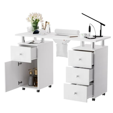 Advwin Manicure Table Nail Desk with RGB Light, L-Shaped Nail Tech ...