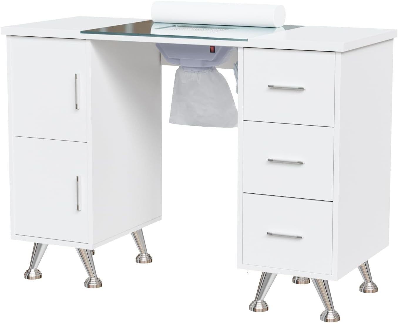 Manicure Table w/ Built-in Dust Collector, Glass Top, Drawers & Wrist ...