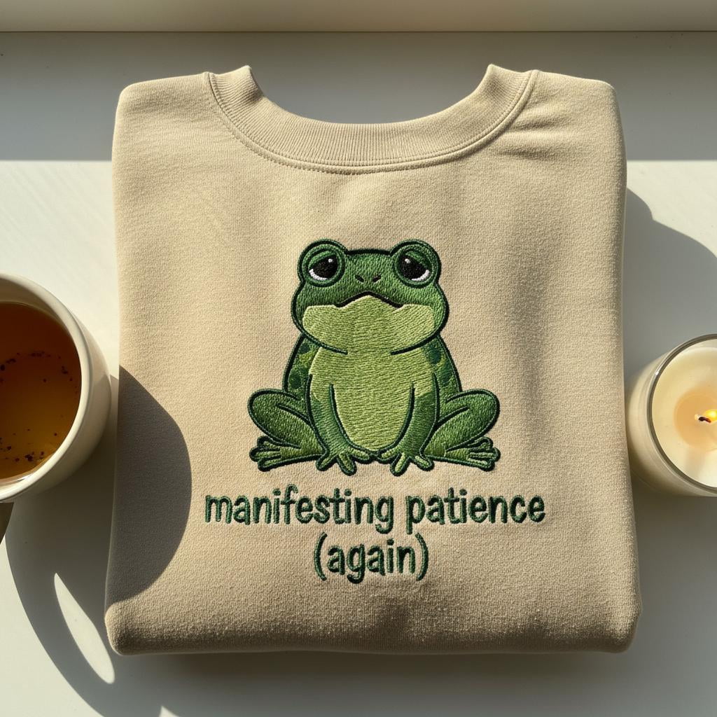 Manifesting Patience Again Embroidered Sweatshirt, Funny Frog Meme ...