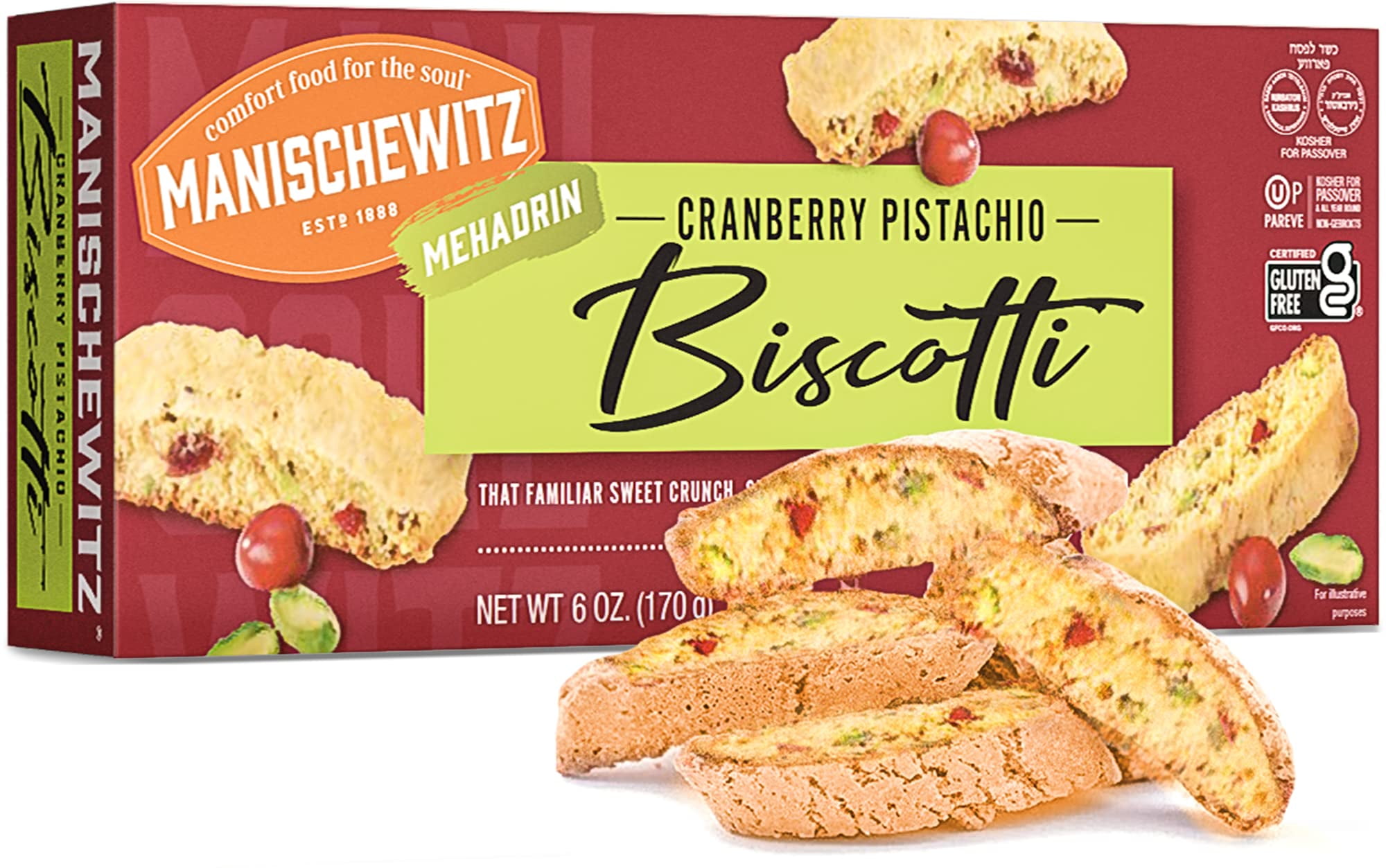 Manischewitz Gluten Free Cranberry CM31 Pistachio Biscotti, 6oz | Dairy Free, Grain Free, Kosher ...