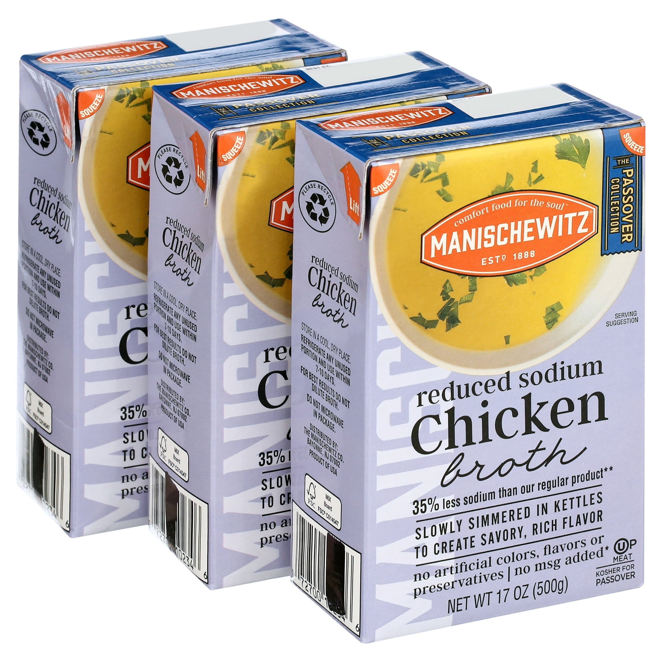 Manischewitz Reduced Sodium Chicken Broth 17oz 3 Pack, Low Salt, Soup ...