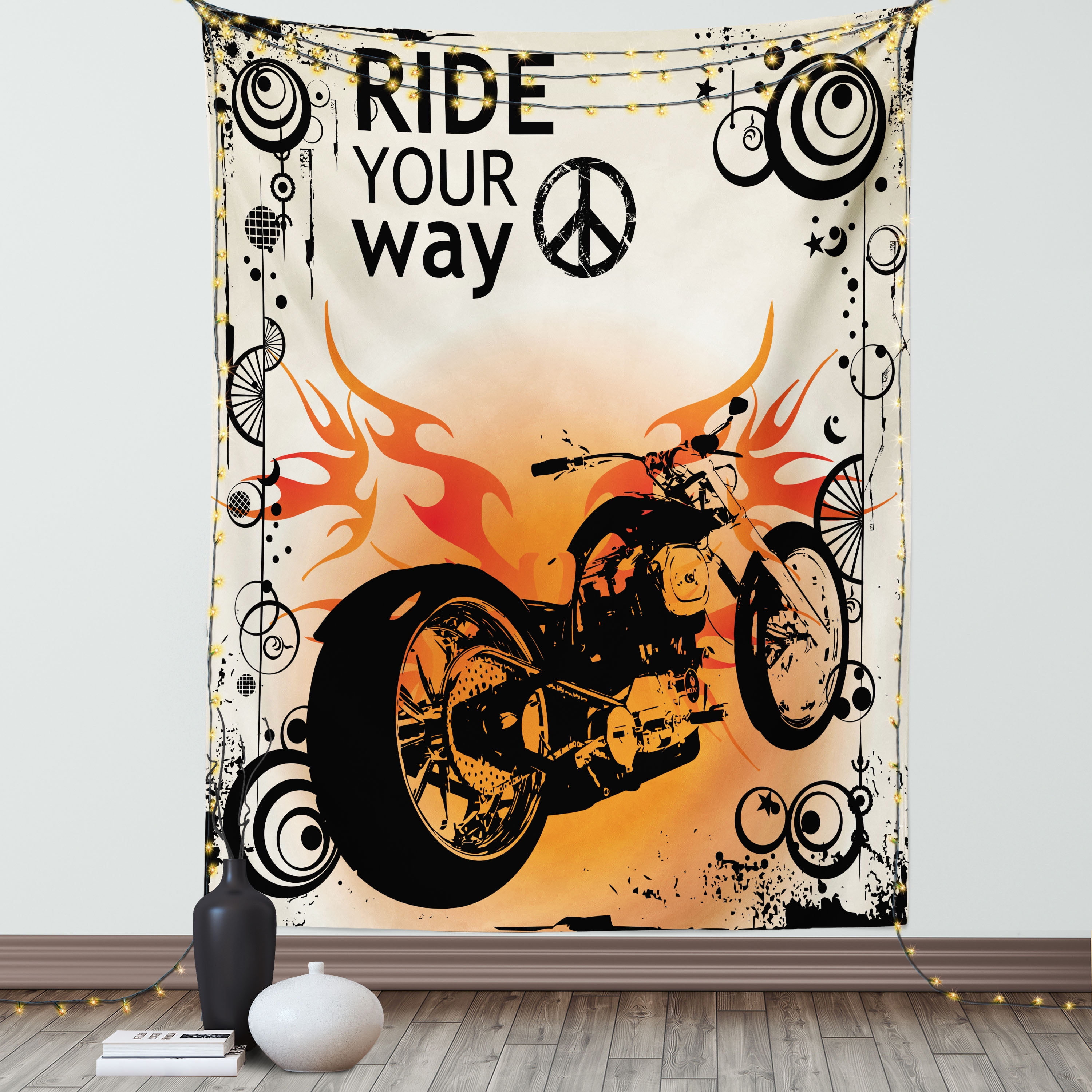 Manly Tapestry, Motorcycle Image with Ride Your Way Text Peace Sign ...