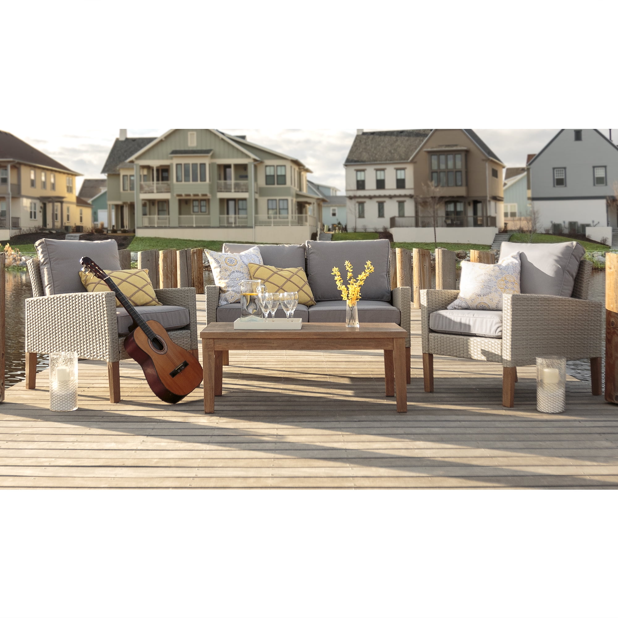Manor Park 4-Piece Eucalyptus and Rattan Outdoor Patio Chat Set ...
