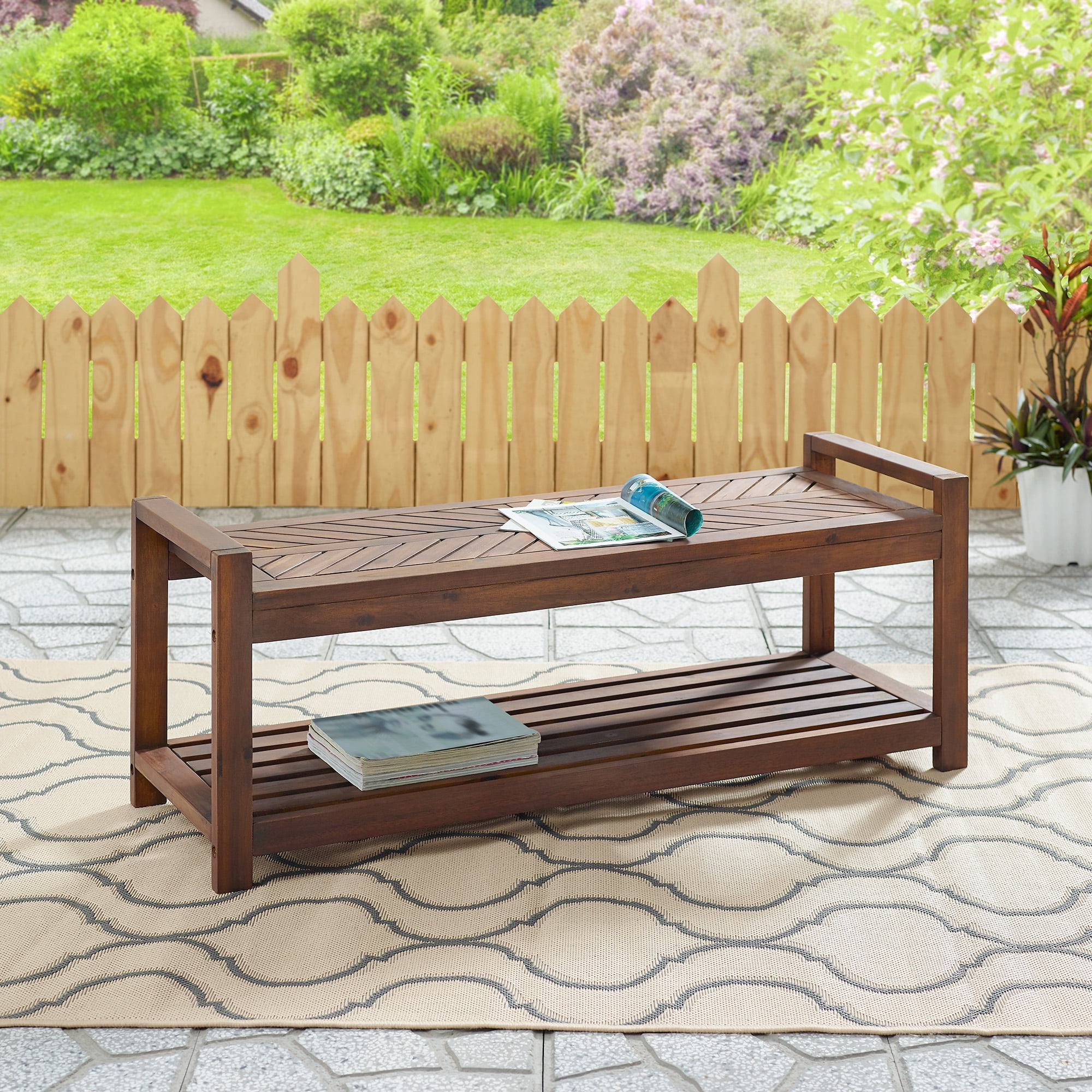 Manor Park Chevron Outdoor Storage Acacia Wood Bench - Dark Brown ...