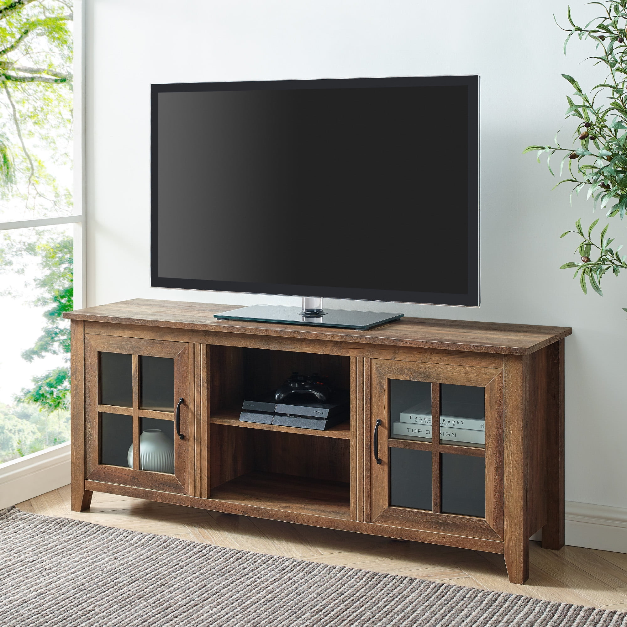 Manor Park Farmhouse Glass Door TV Stand, Barnwood - Walmart.com