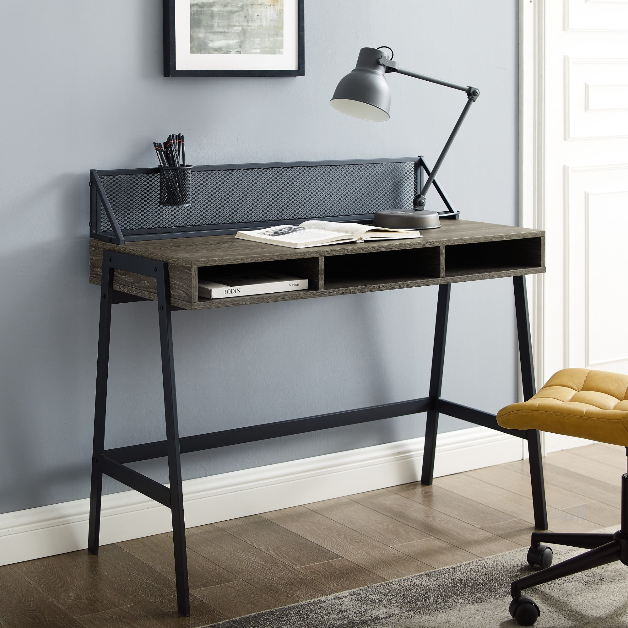Manor Park Industrial Metal Mesh Writing Desk, Cerused Ash - Walmart.com