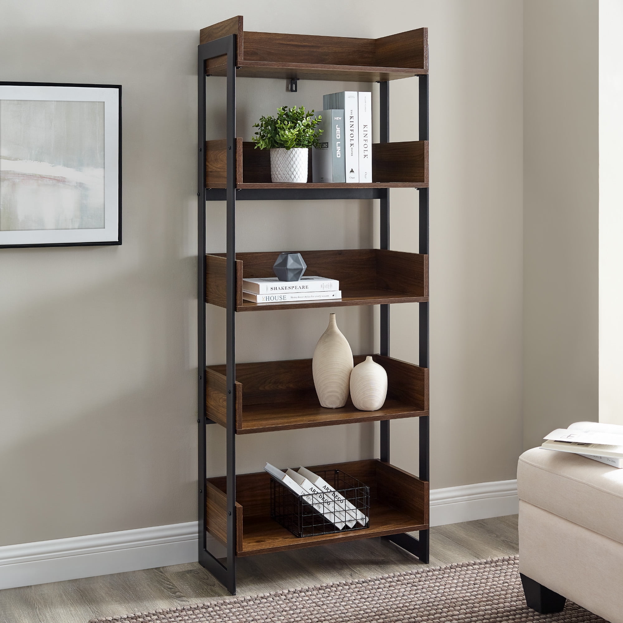 Manor Park Industrial Bookshelf - Dark Walnut Finish - Metal Frame - 5 ...