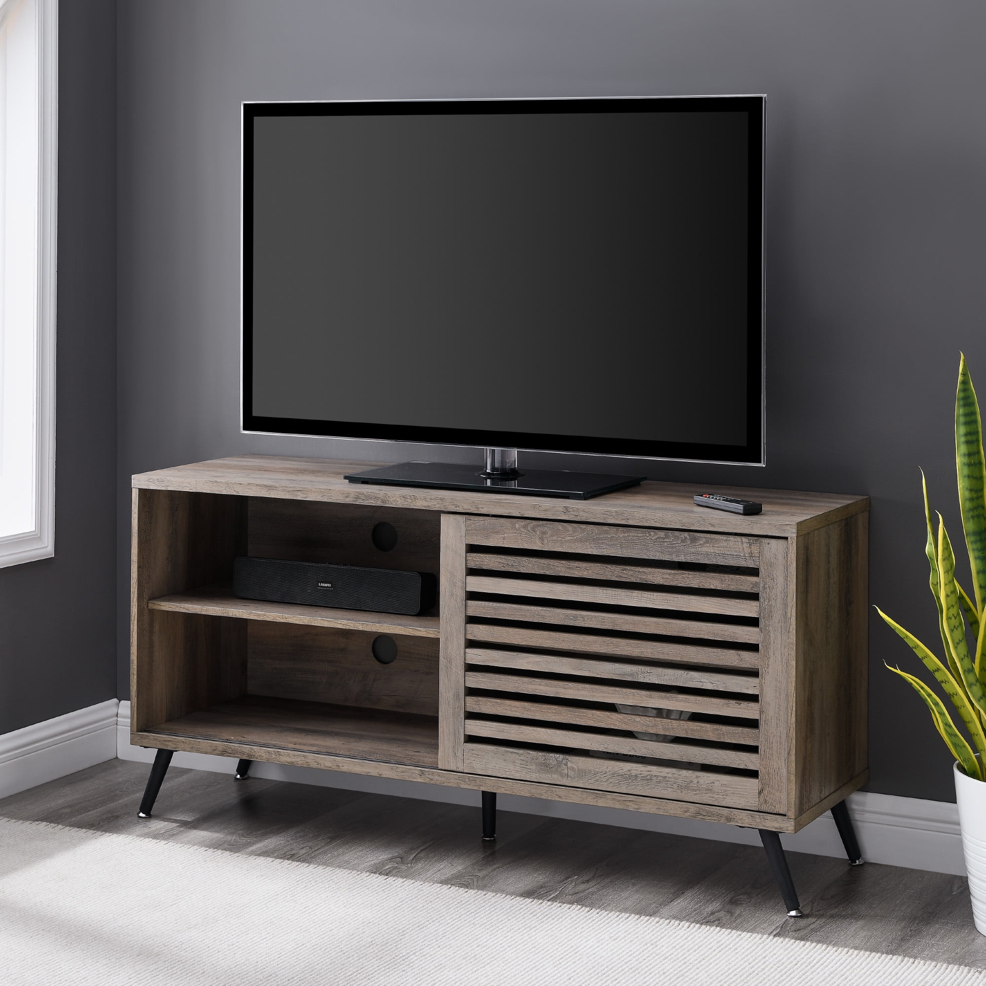 Manor Park Mid Century Modern Sliding Door TV Stand, Grey Wash ...