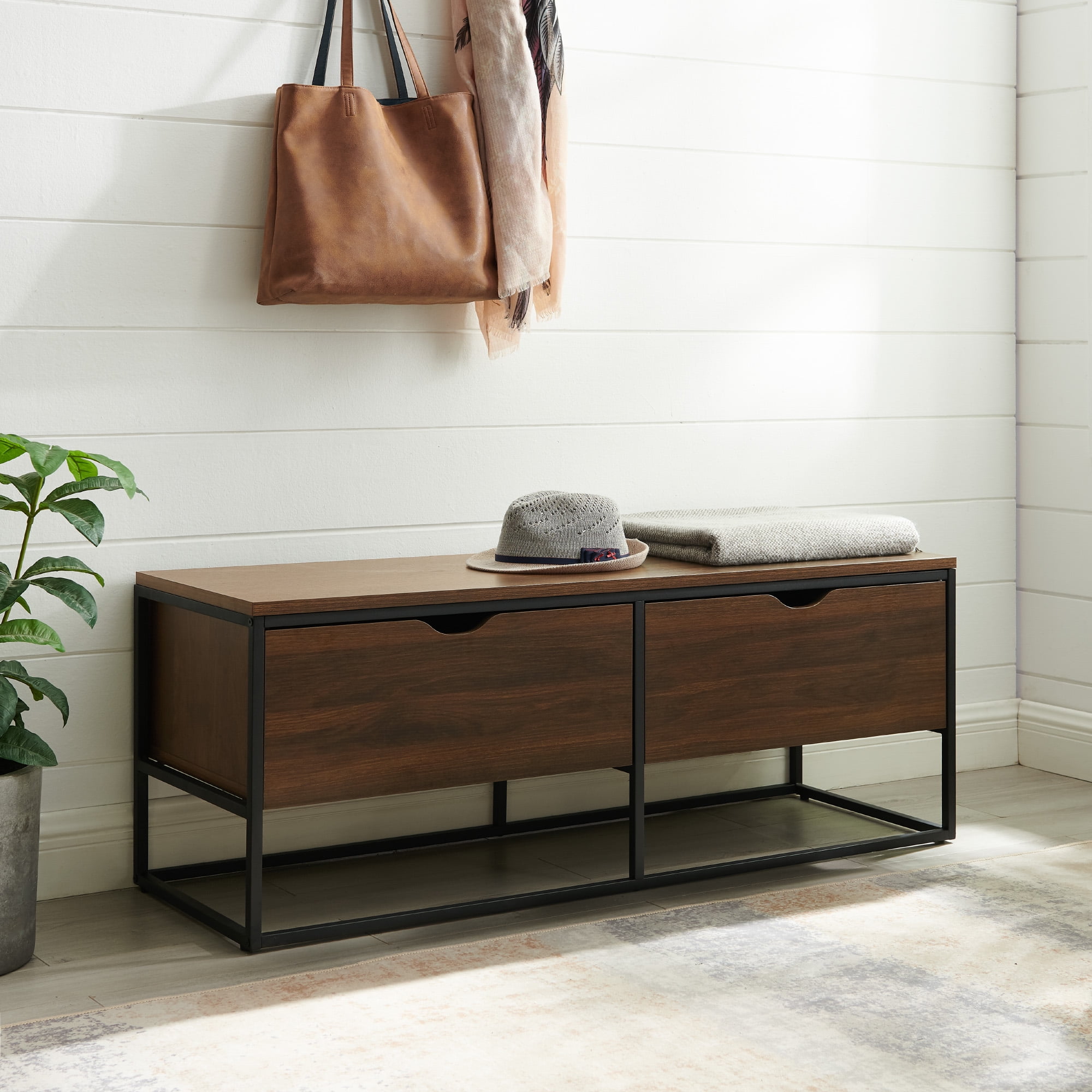 Manor Park Modern 2 Drawer Storage Bench, Dark Walnut - Walmart.com