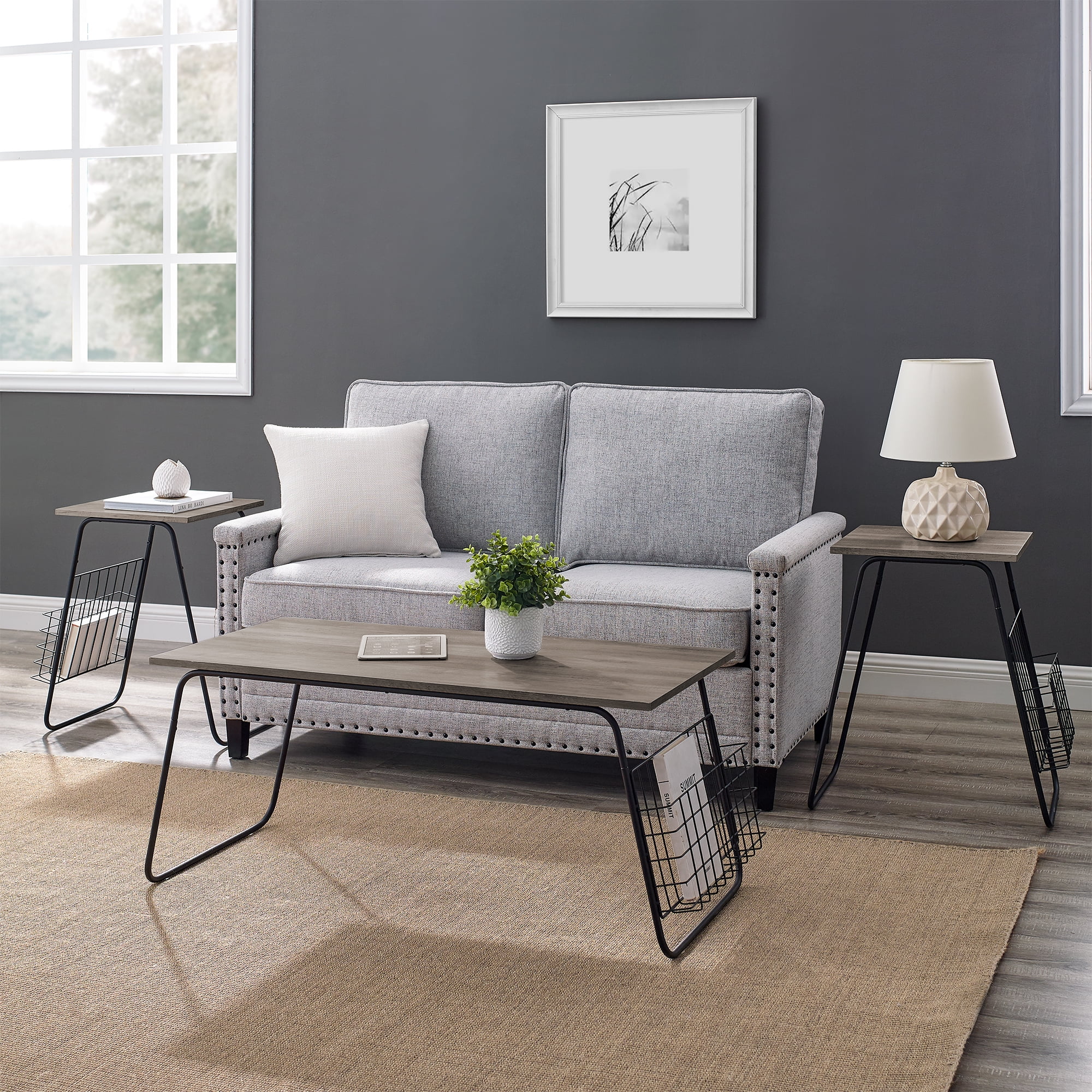 Manor Park Modern 3 Piece Wire Magazine Holder Table Set, Grey Wash ...
