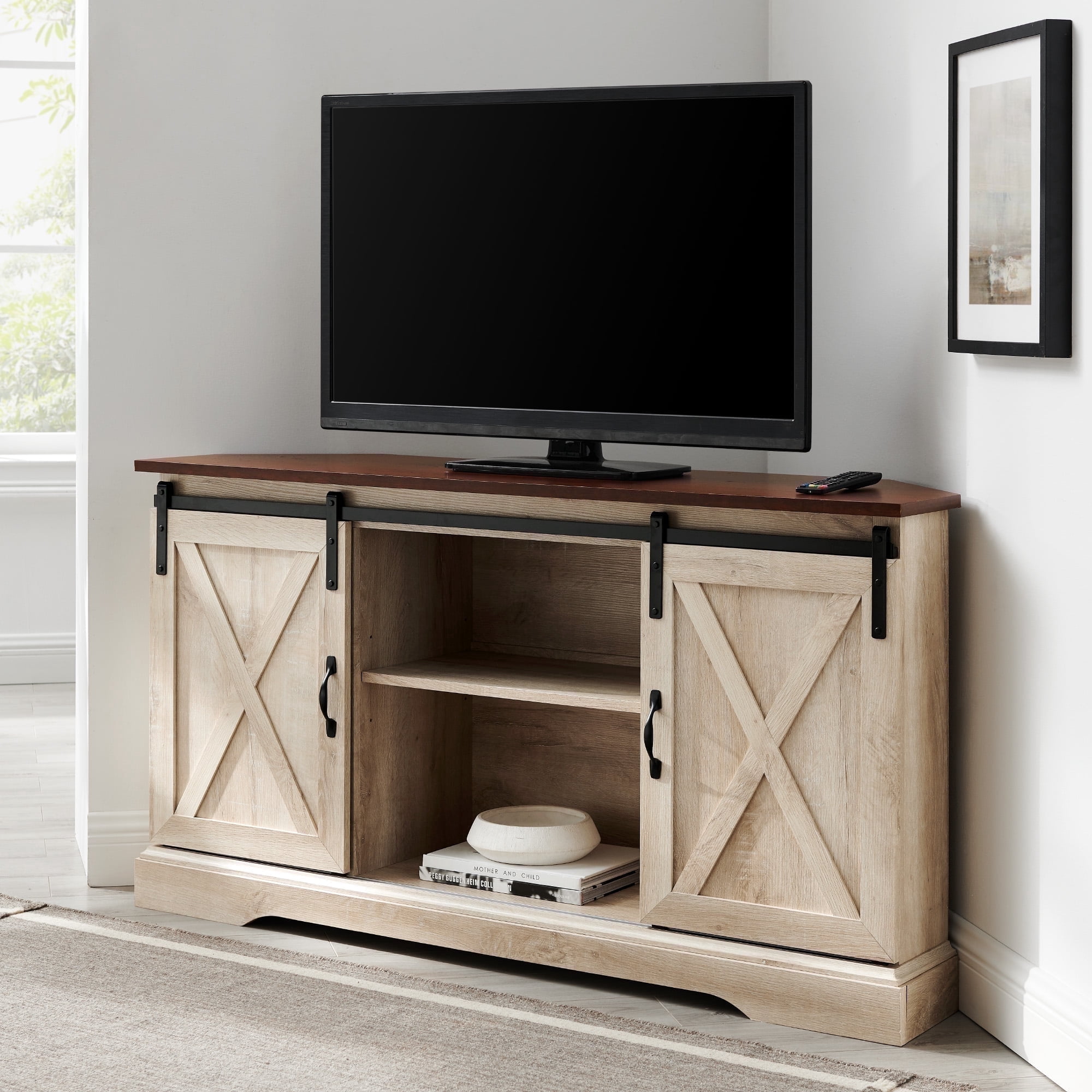 Walker Edison Modern Farmhouse Sliding Door Corner TV Stand, White Oak ...