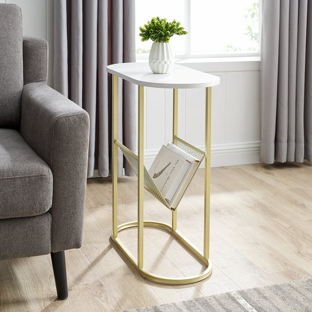 Manor Park Modern Magazine Rack Oval End Table, Faux White Marble/Gold ...