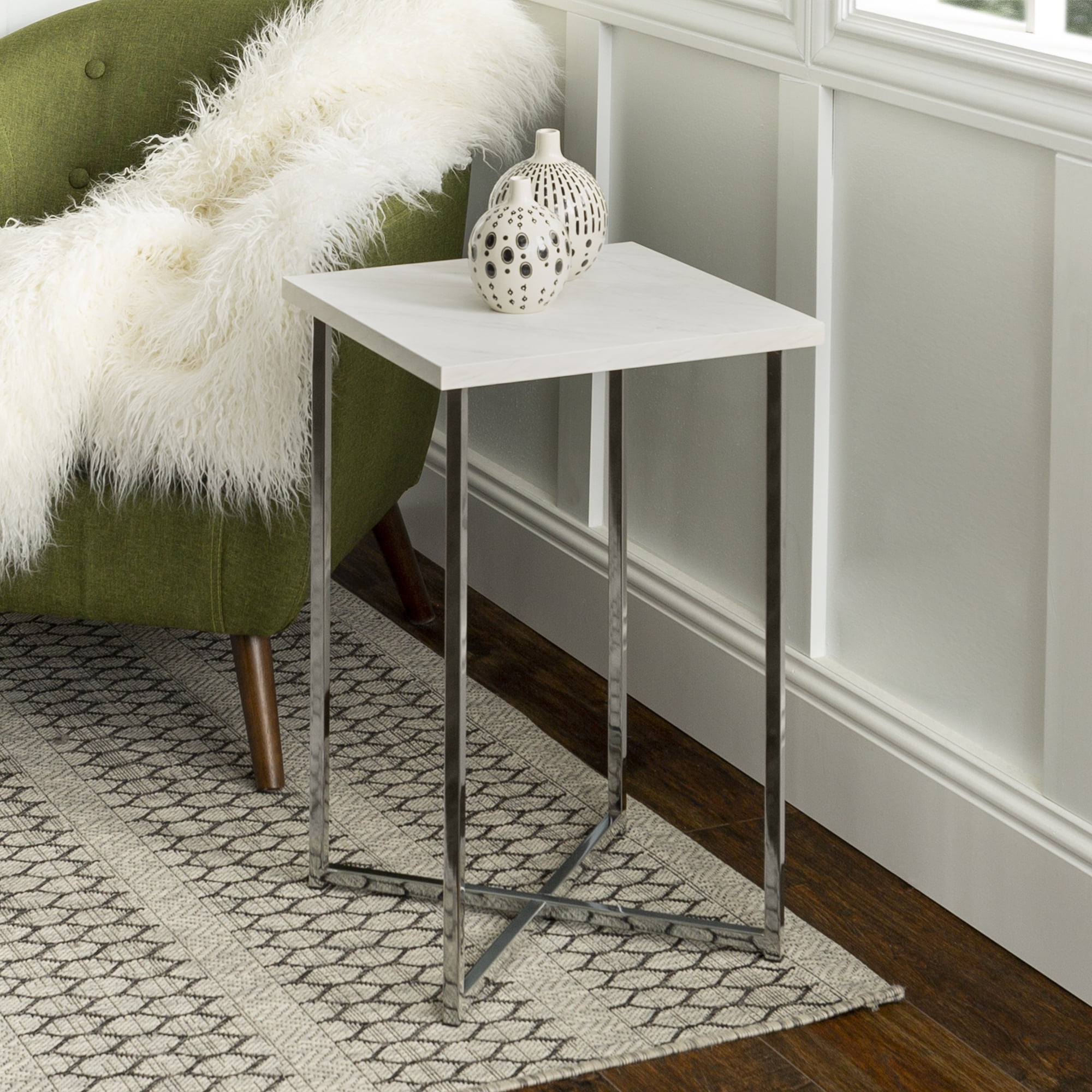 Manor Park Modern Bohemian End Table White Marble Chrome Wood Metal UV ...