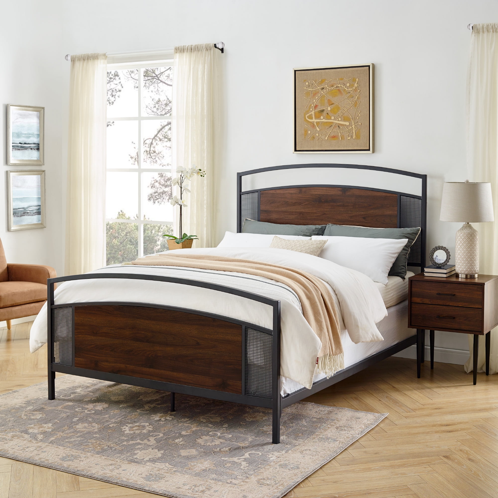 Manor Park Queen Industrial Mesh Bed - Dark Walnut Panel - Walmart.com