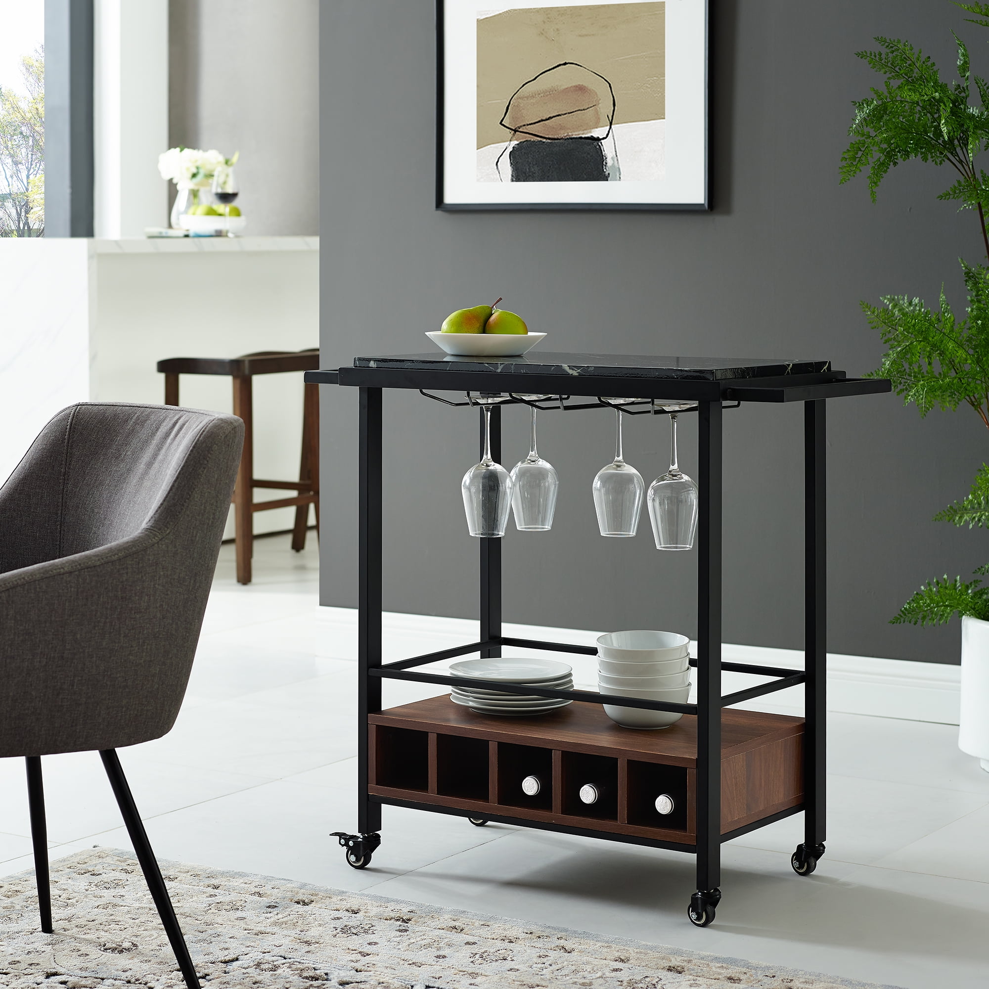Manor Park Urban Industrial Faux Marble Bar Cart Locking Wheels ...