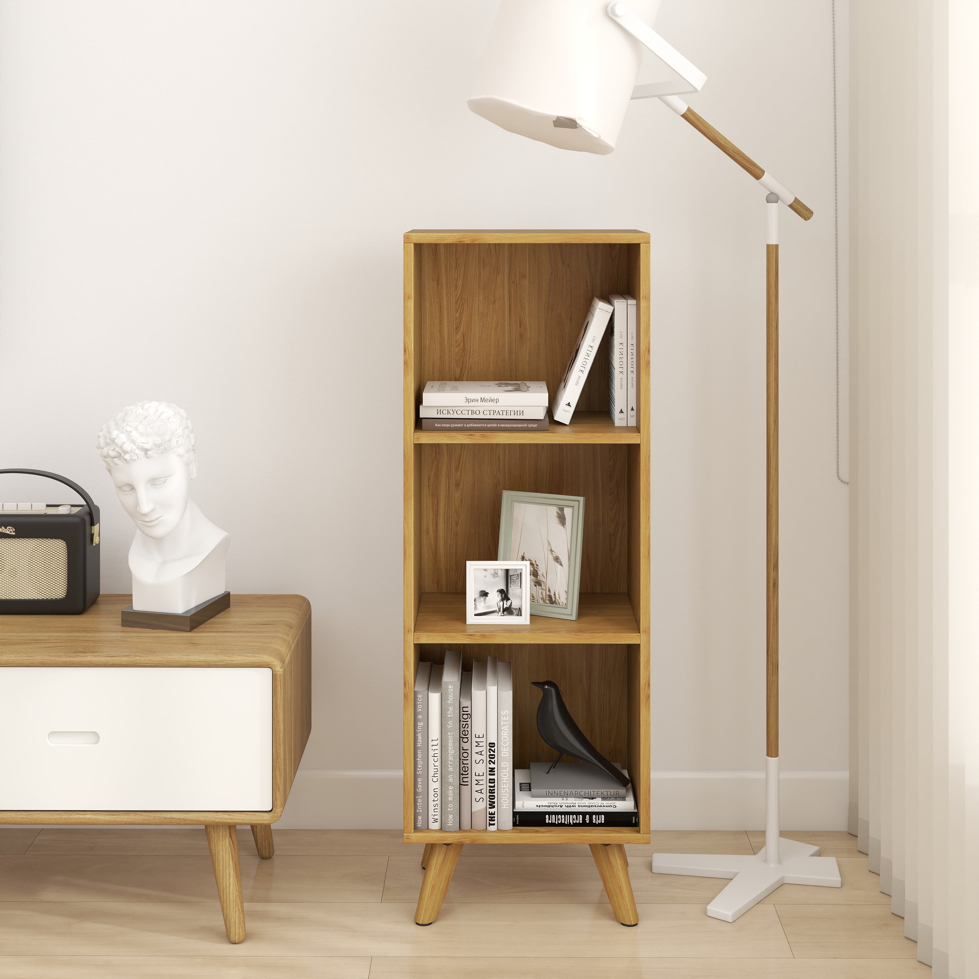 Manora 3-Shelf Natural Wood Bookcase with Adjustable Shelves, 41.2 ...