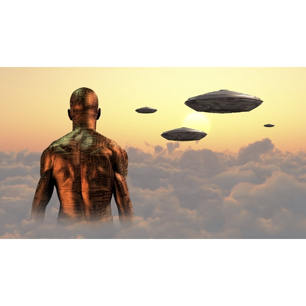 Mans body with electronic circuit. Spacecrafts in the sky. Poster Print ...