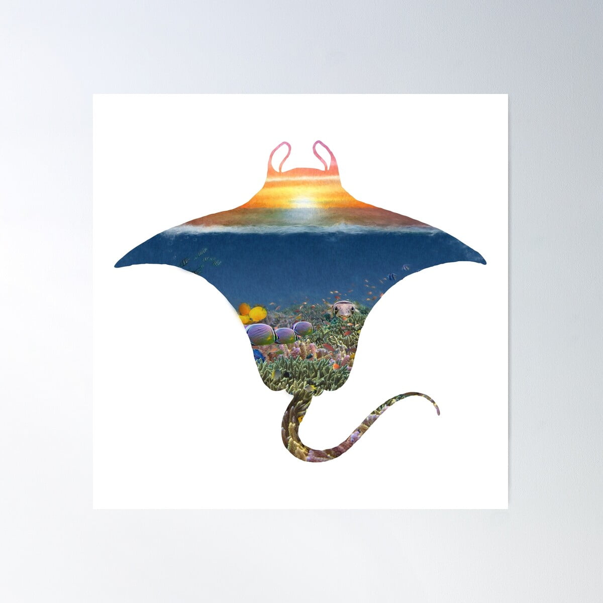 Manta Ray Sunset Reef Poster Wall Art, Modern Wall Decor For Living ...