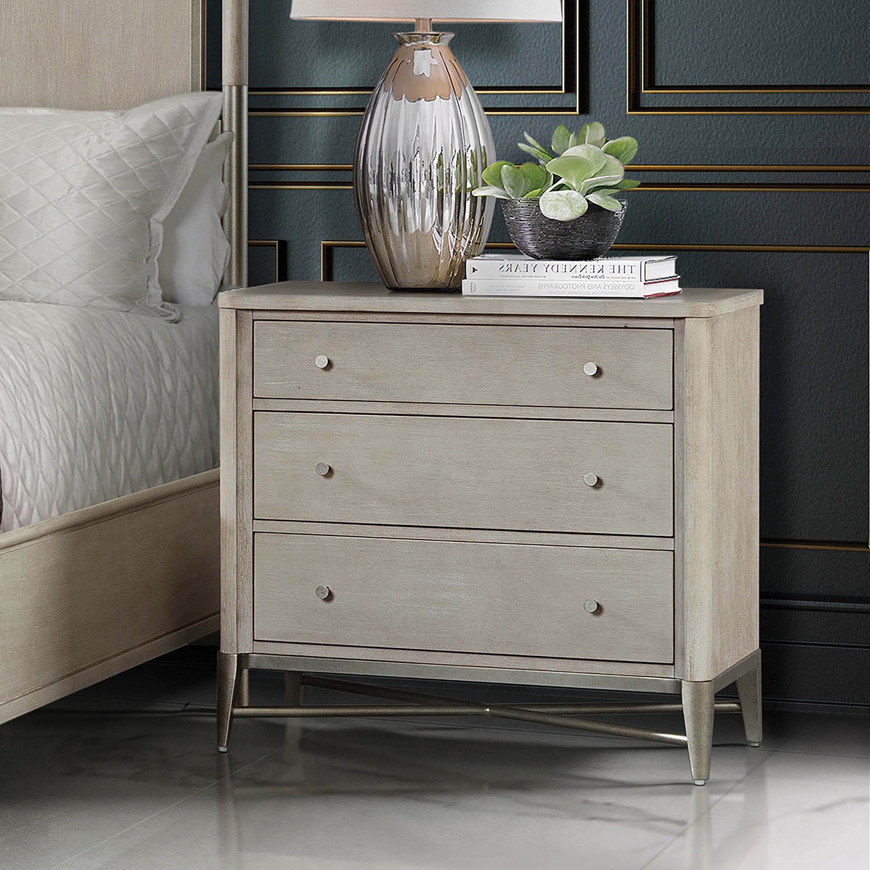 Mantalia Solid Wood 3-Drawer Nightstand with Metal Frame, Champagne ...