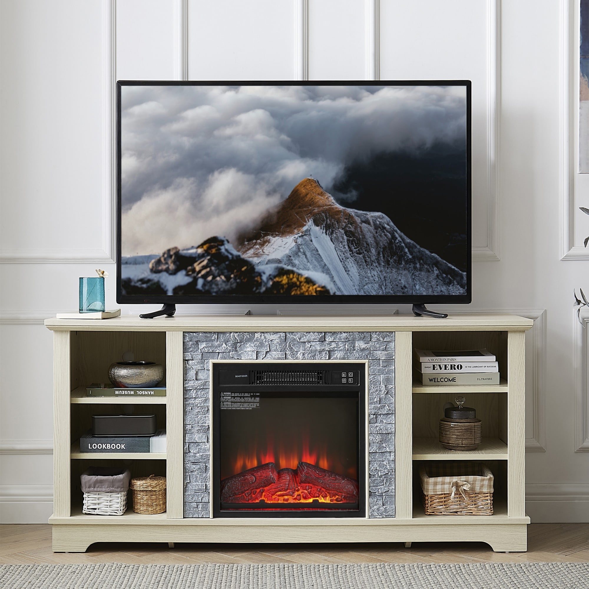 JONPONY Modern 58 Inch TV Stand ,TV Console with 18" Electric Fireplace ...