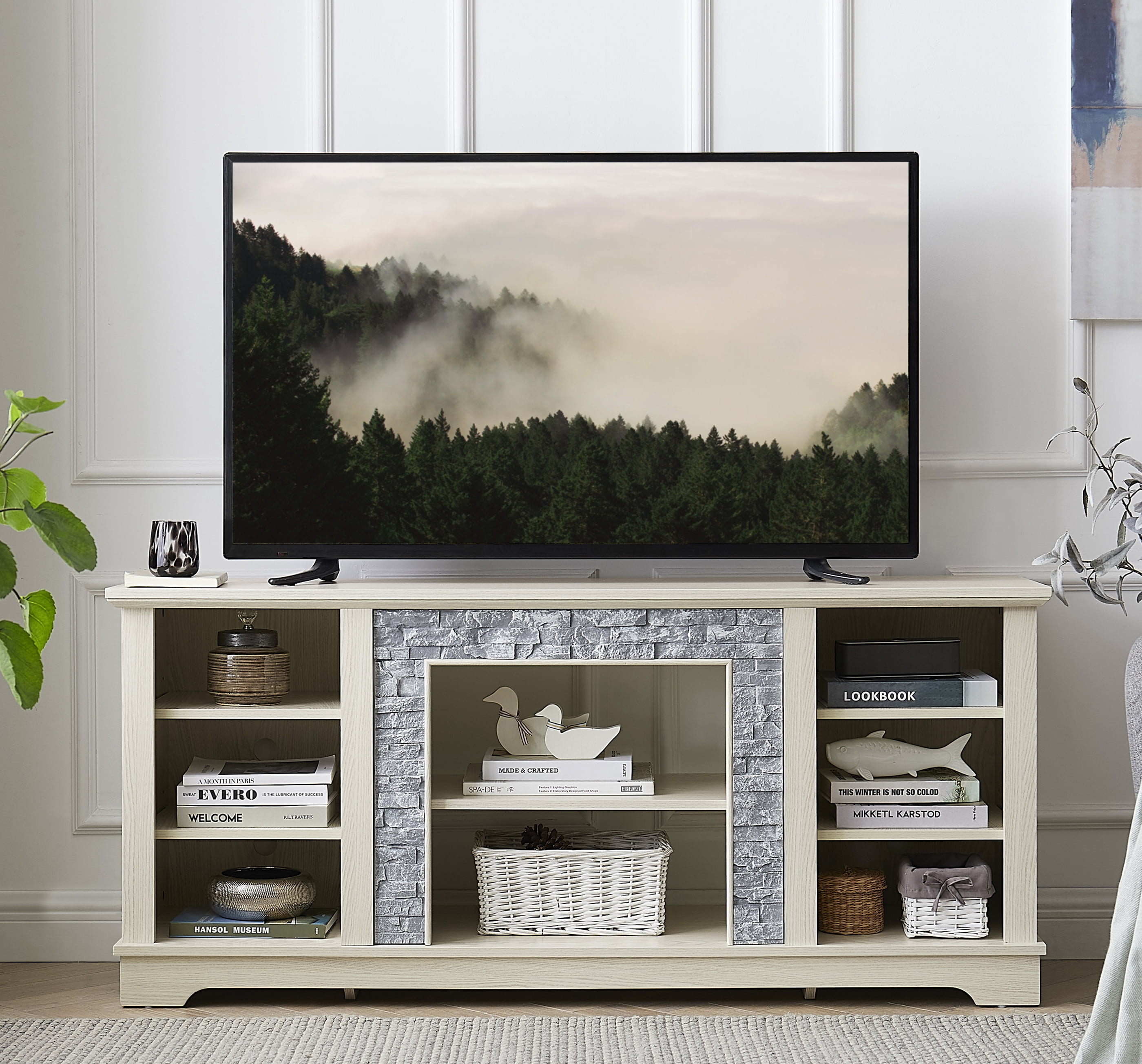 Mantel Stone TV Media Stand with with Faux Stacked Stone Surround ...