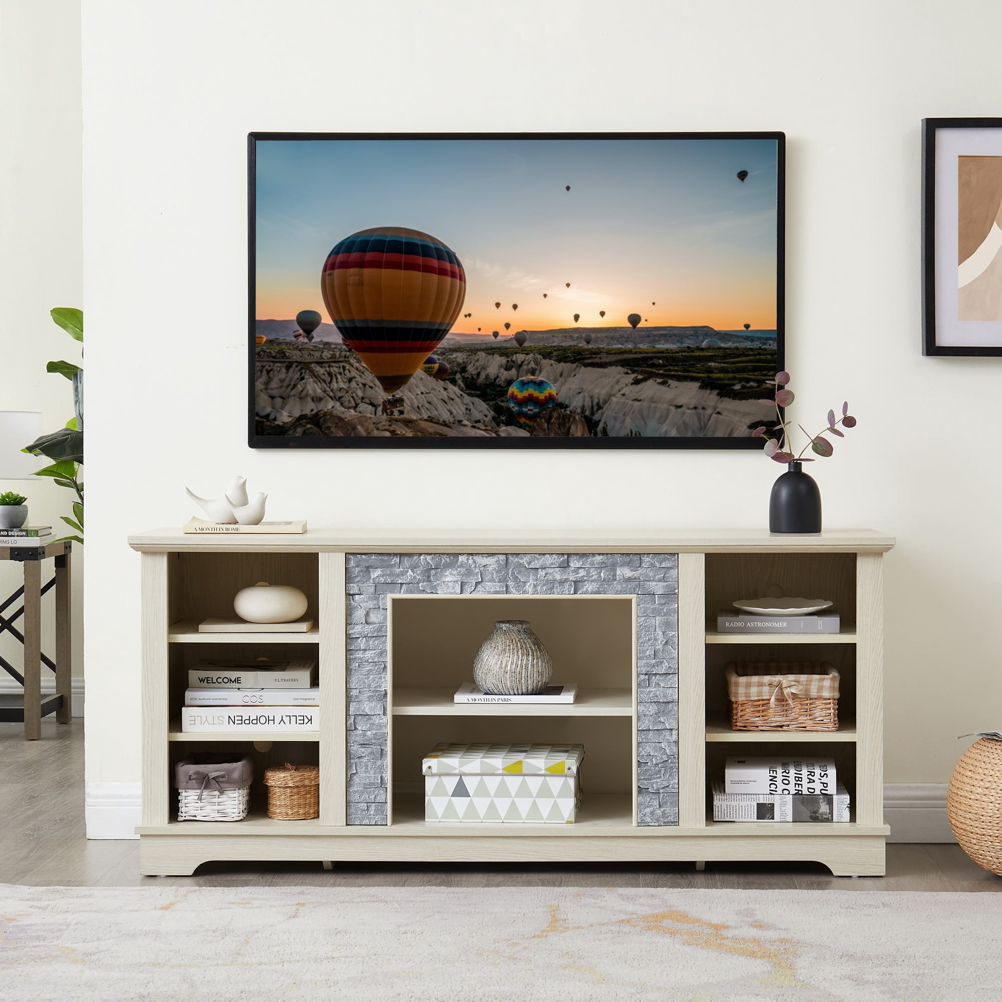 JONPONY Modern 58 Inch TV Stand ,TV Console , Stacked Stone Surround ...