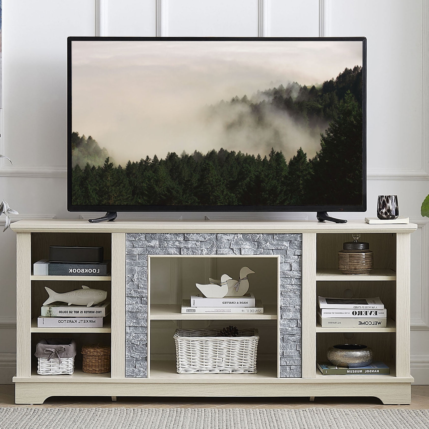 Mantel Stone TV Media Stand with with Faux Stacked Stone Surround ...