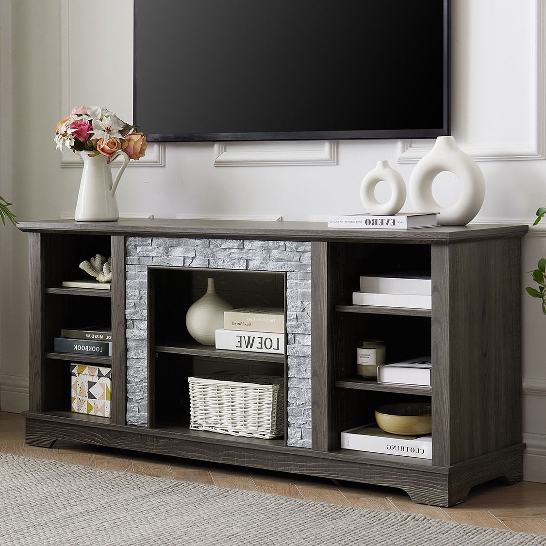 Mantel Stone TV Media Stand with with Faux Stacked Stone Surround ...