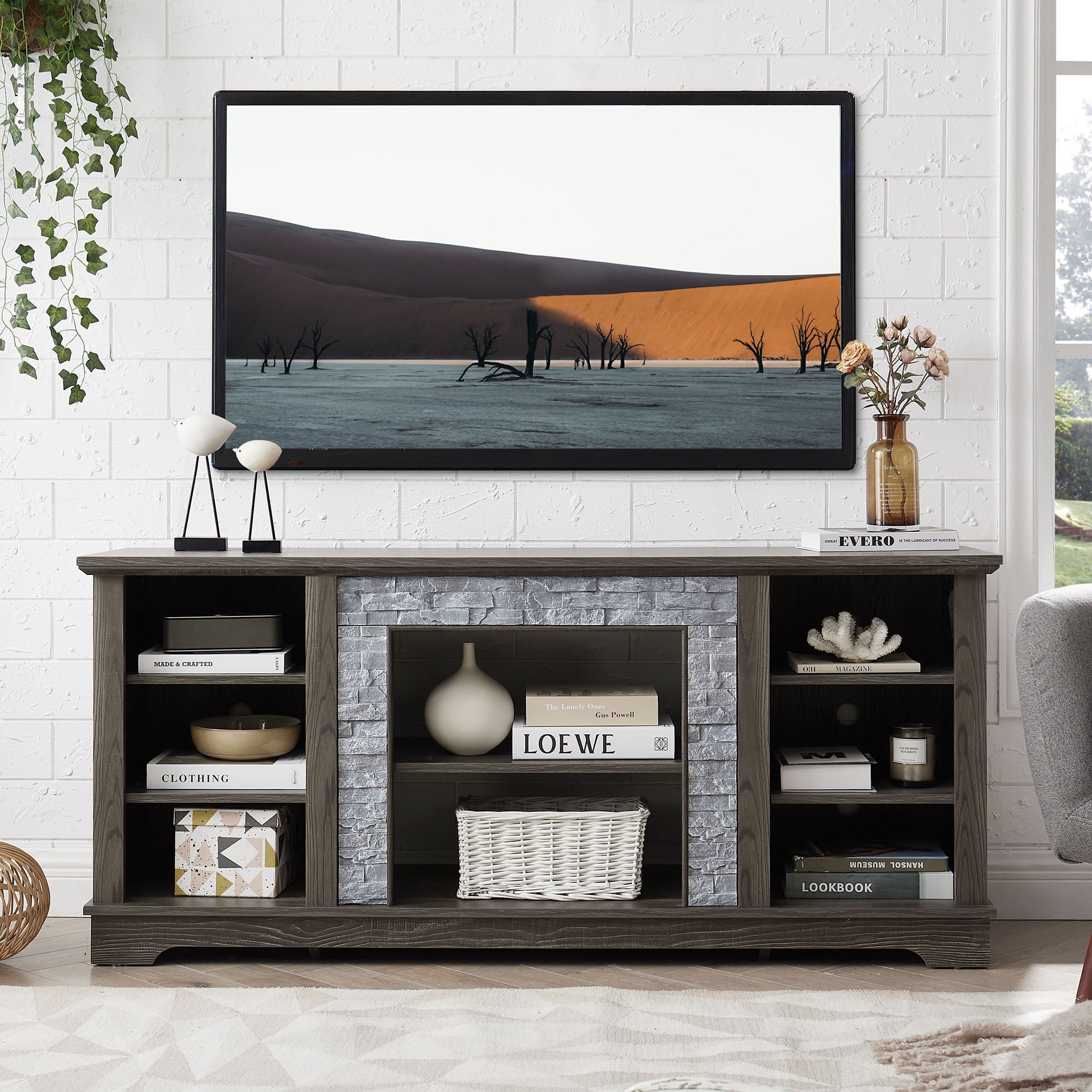 Mantel Stone TV Media Stand with with Faux Stacked Stone Surround ...