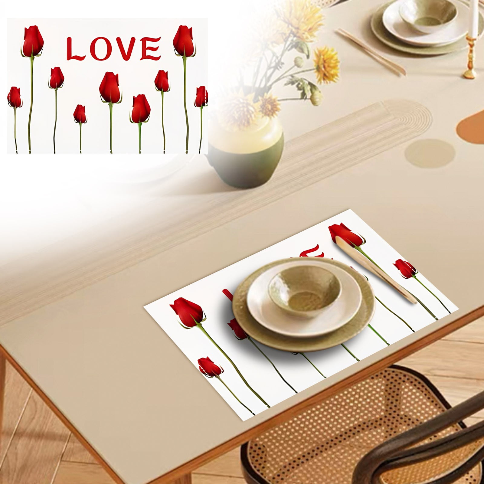 Manteles individuales de San Valentín 2025 con letras rojas y estampado de flores, manteles ...