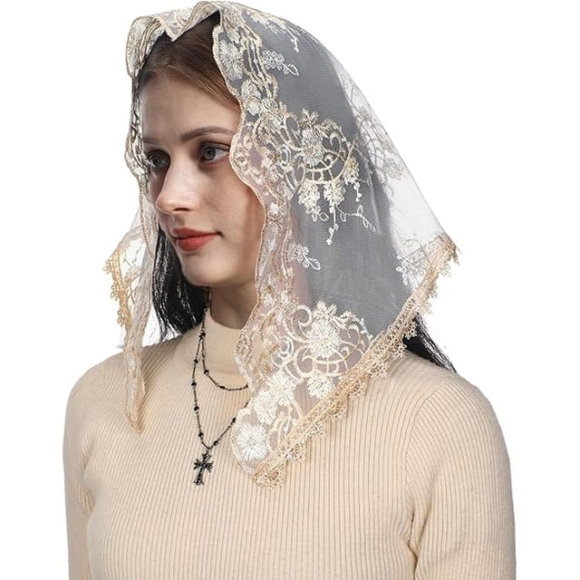 Mantveil Triangle Chapel Veil Head Covering Gold Flower Embroidered ...