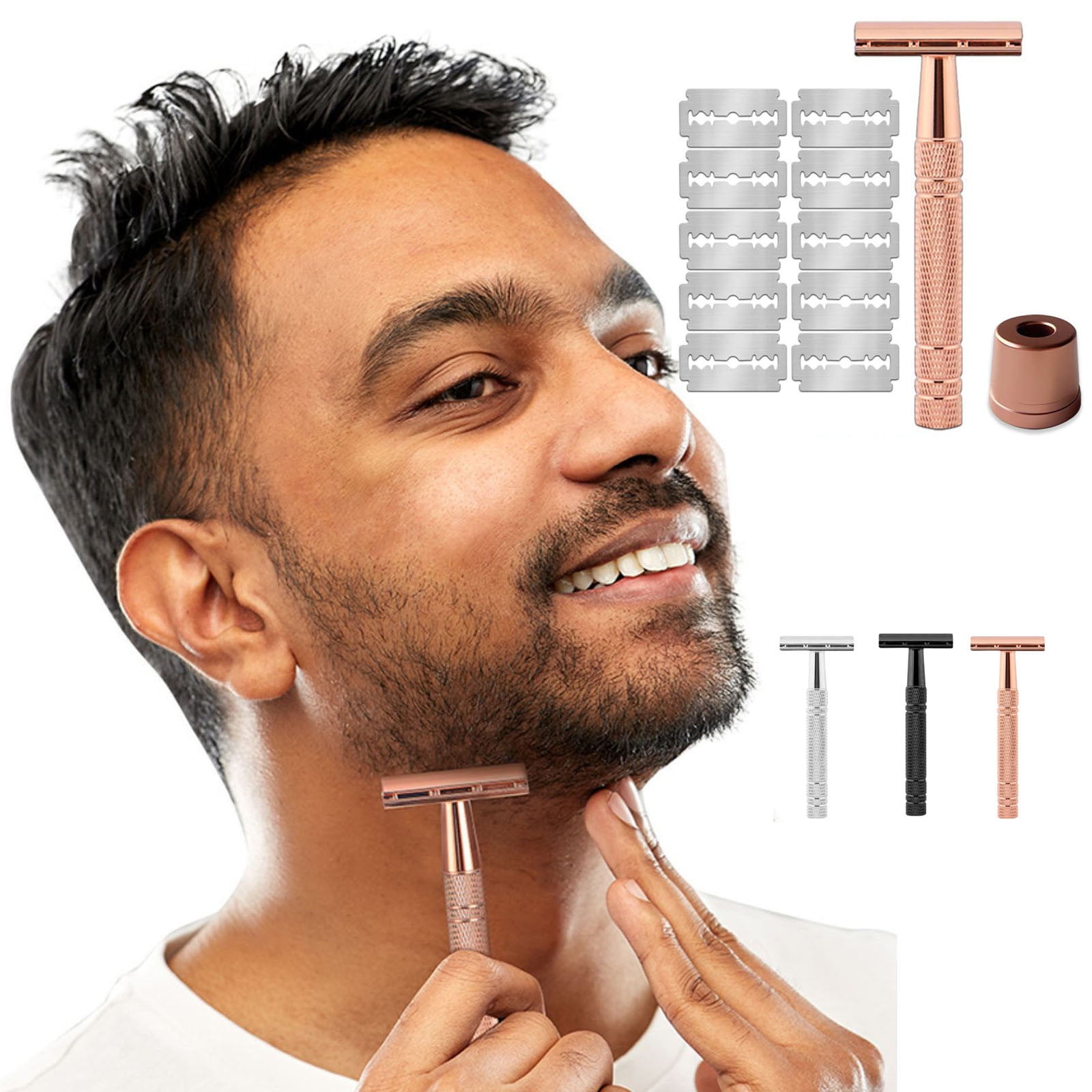 Manual Beard Shaver Retro Double-Sided Safety Razor | Stainless Steel Blades | Textured Aluminum ...
