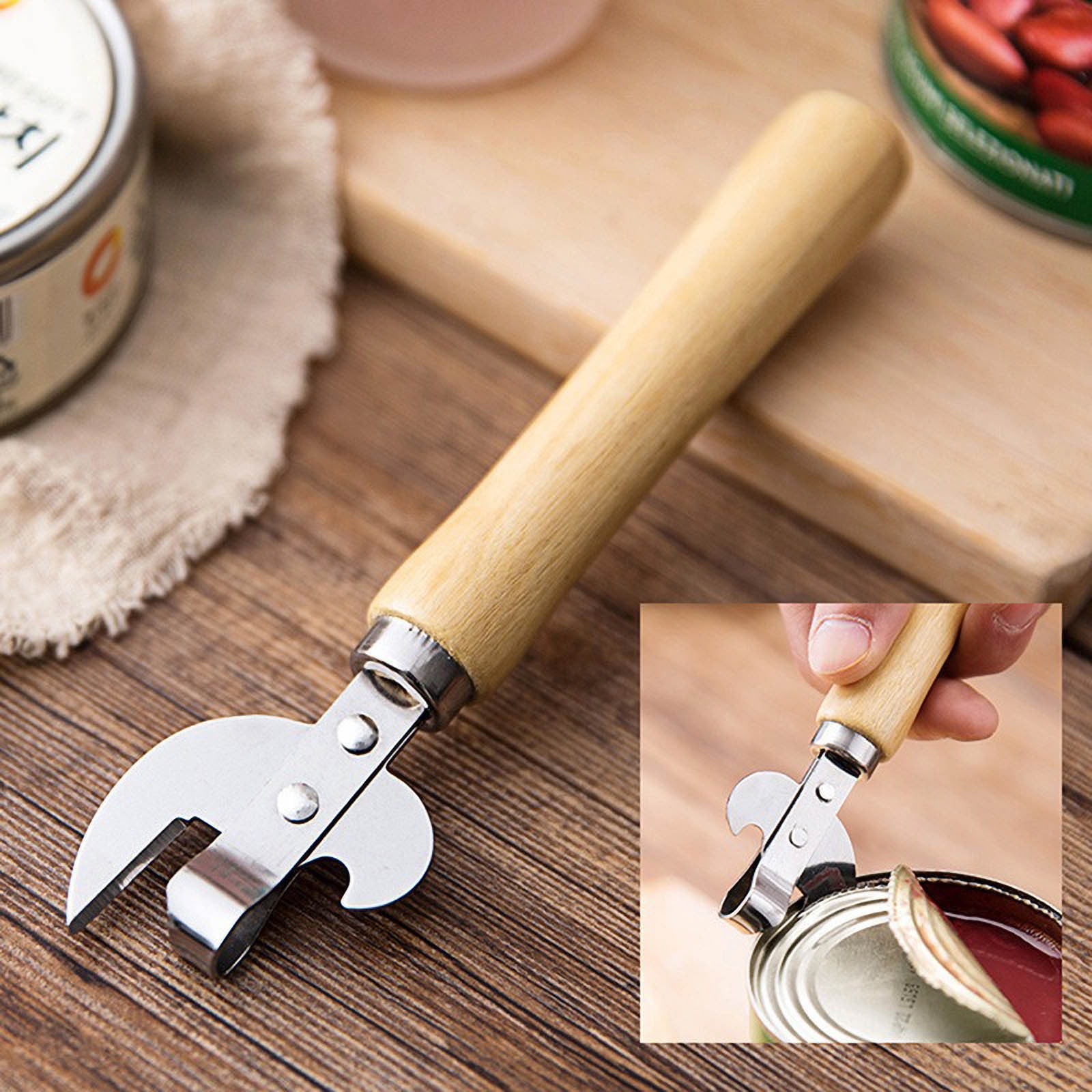 Manual Can Opener with Wooden Handle, Stainless Steel Side-Cut Design ...