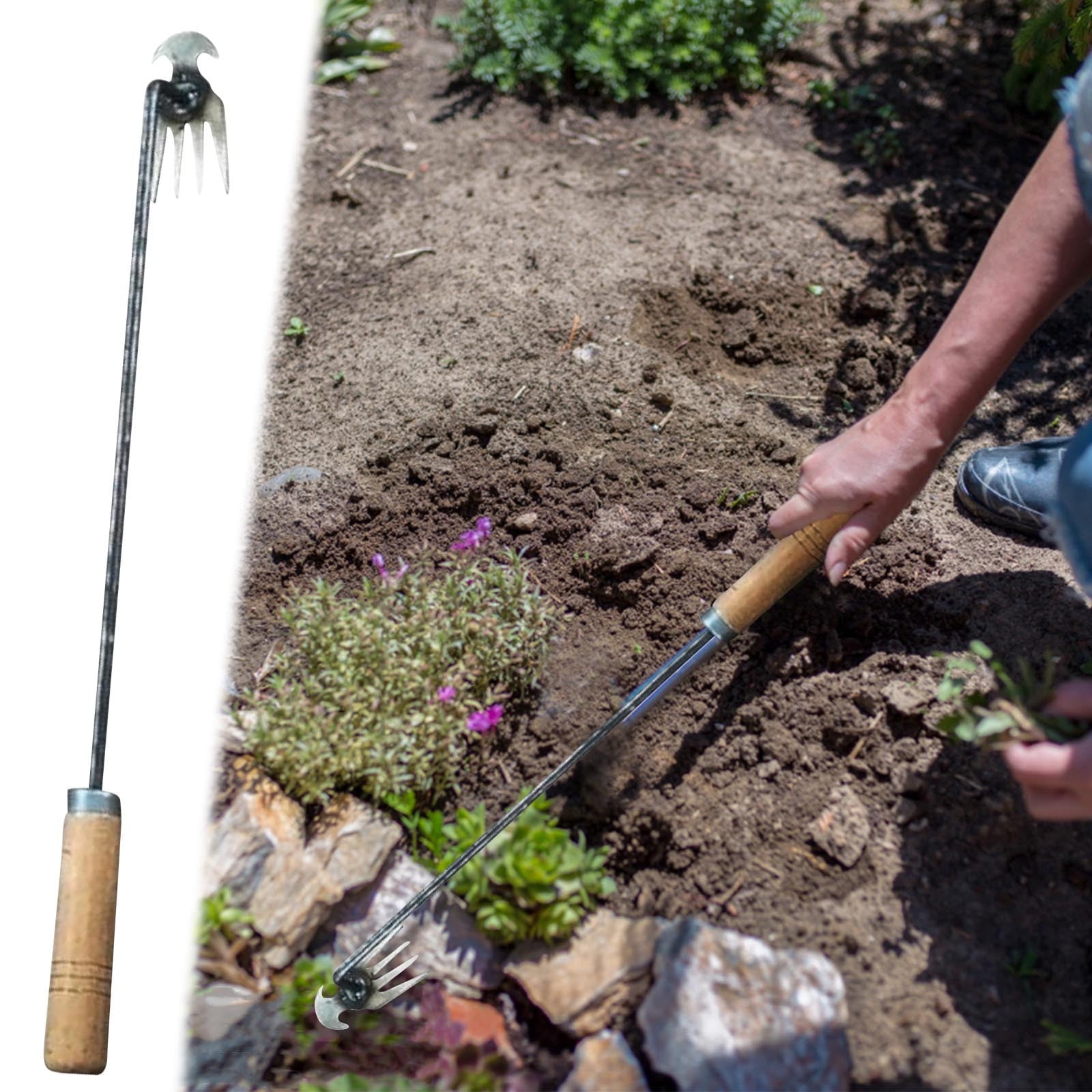 Manual Garden Weed Puller Tool 4-Tine Steel Weeder Hand Held Root ...