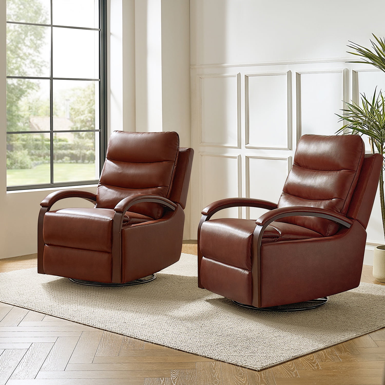 Manual Genuine Leather Recliner Chairs 360-Degree Swivel Rocking Metal ...