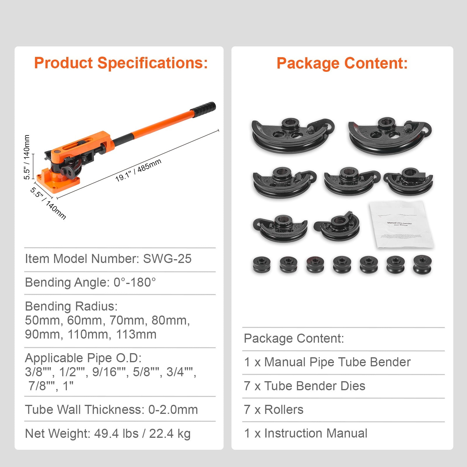 Manual Pipe Bender, 7 Bending Dies Multifunction Steel Copper Tube ...