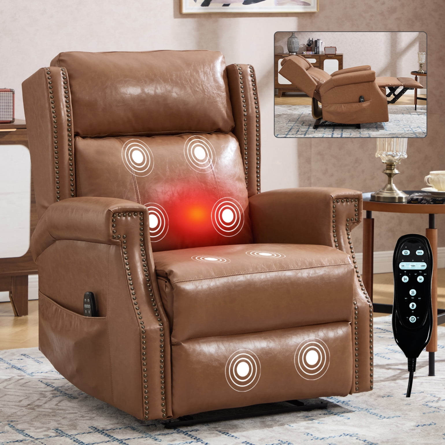Manual Recliner Chair with Massage and Heat for Elderly, Faux Leather ...