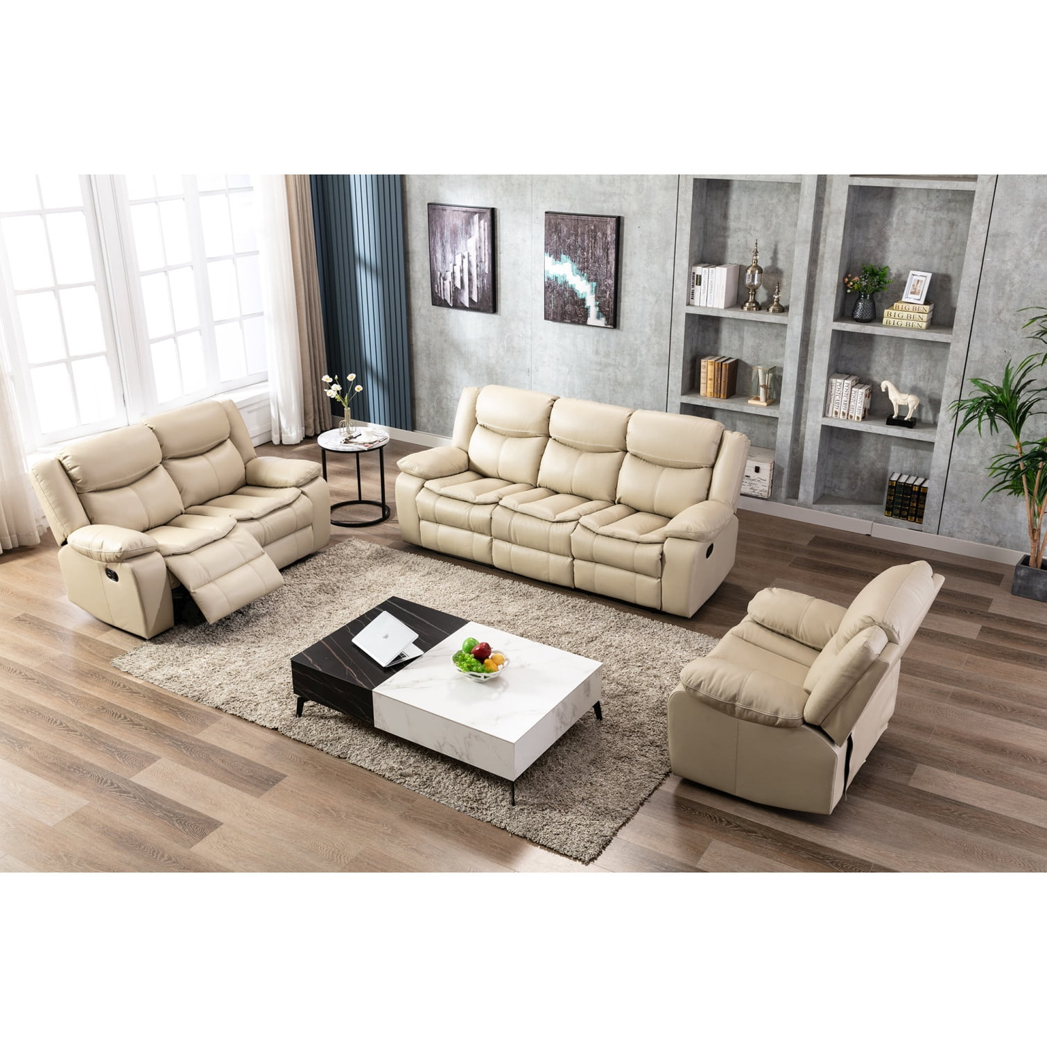 Manual Reclining Loveseat Sofa Set With Pull Tab Mechanism, Cream Two ...