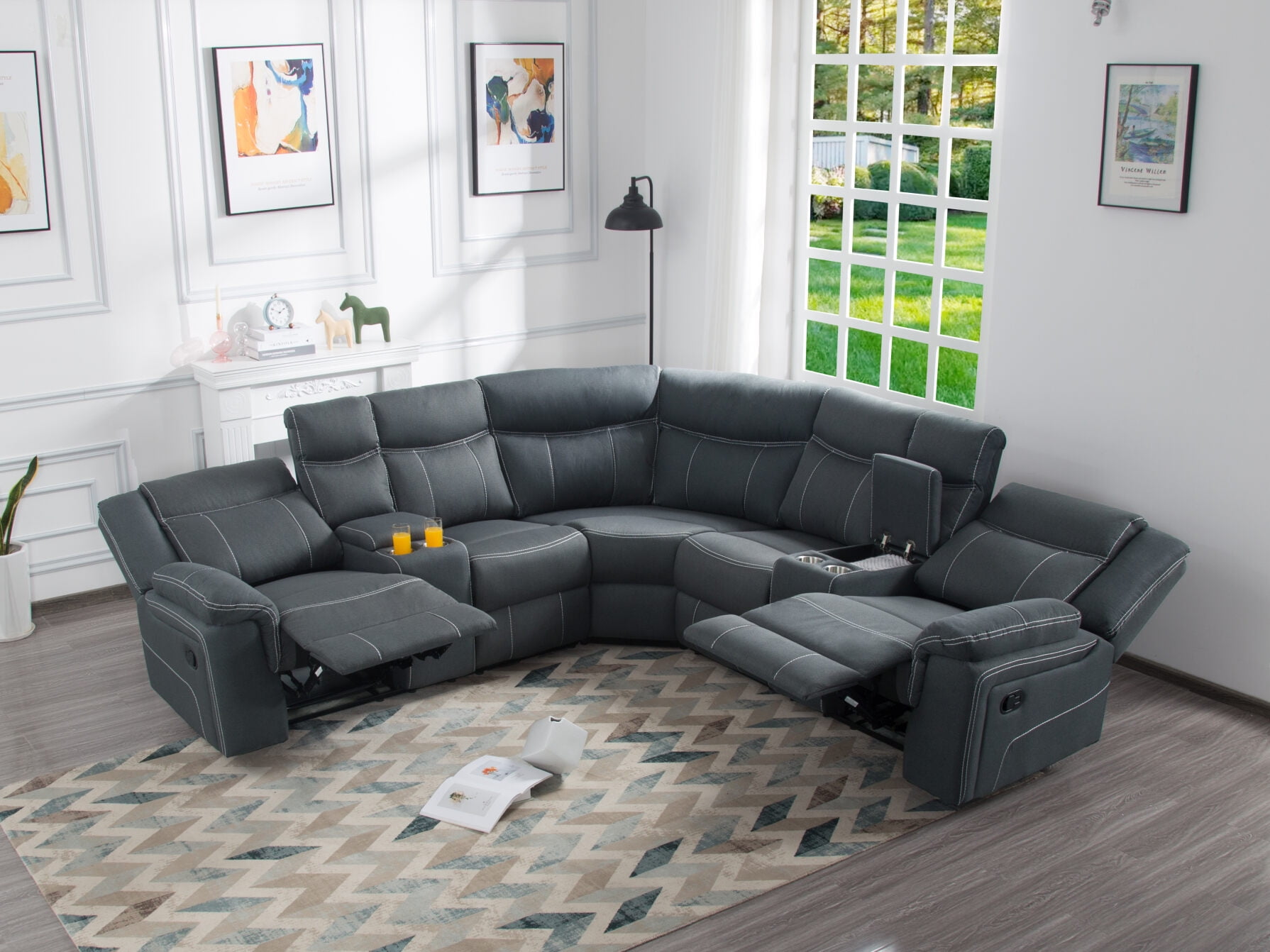 Manual Reclining Sectional Sofa with 2 Manual Recliner Seat, Leather ...