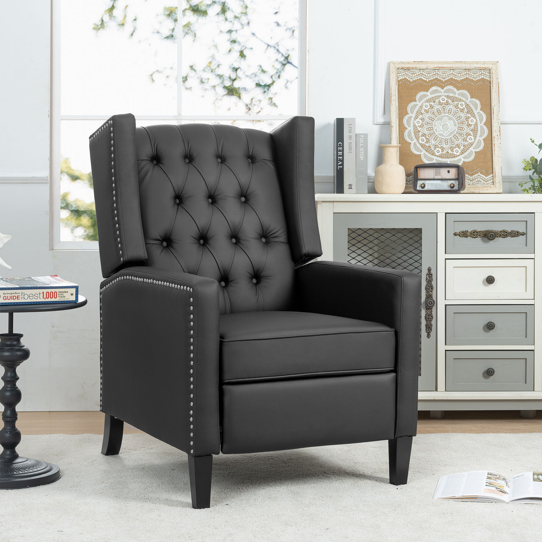 Manual Single Recliner with Nailhead Trim, PU Leather Home Theater ...