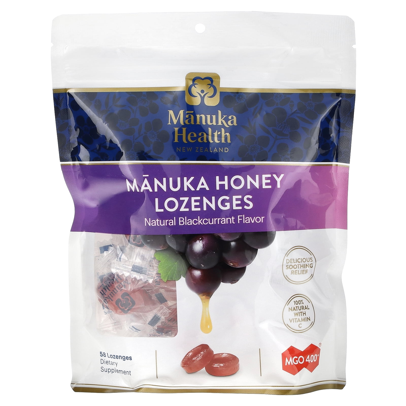 Manuka Health Manuka Honey Lozenges, Natural Blackcurrant, 58 Lozenges ...