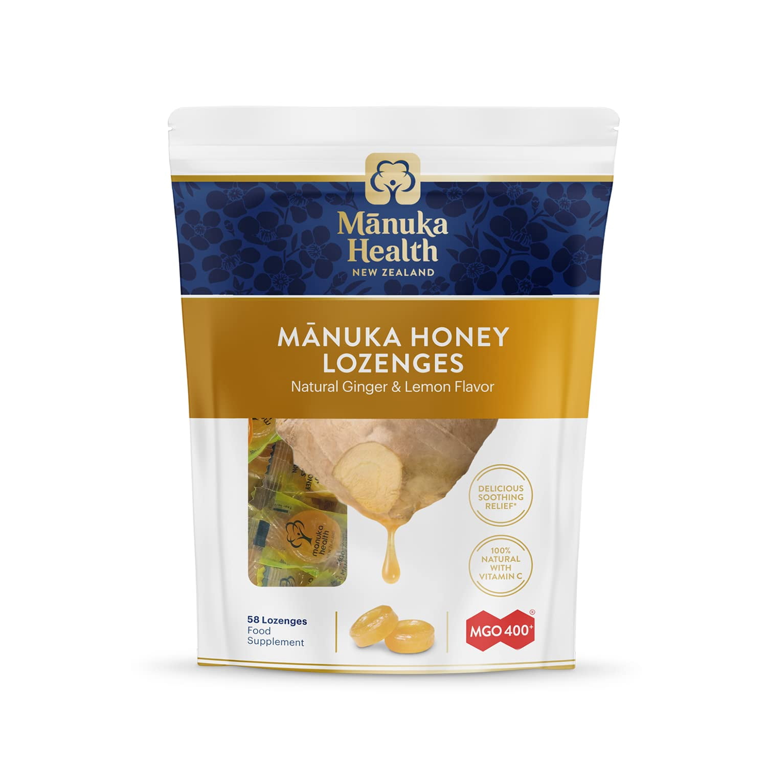 Manuka Health Manuka Honey MGO 400+ Lozenges Natural Ginger & Lemon, 58 ...