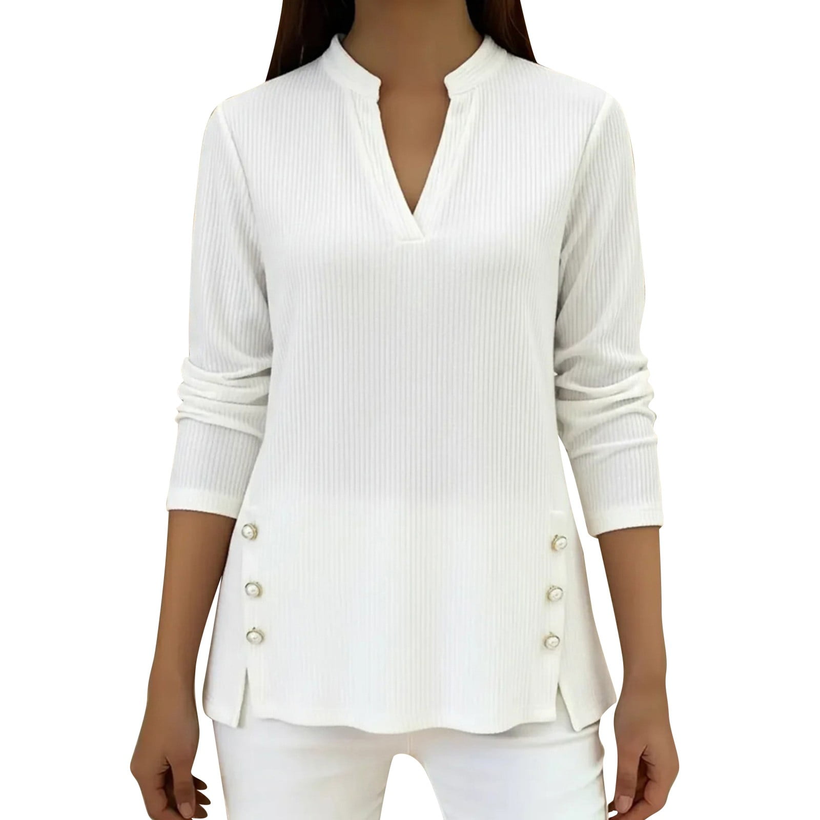 ManxiVoo Relaxed Top for Women V Neck Button Down Long Sleeve Loose Fit ...