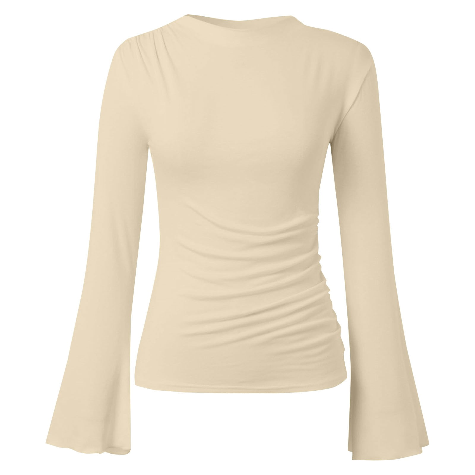 ManxiVoo Ribbed Boat Neck Bell Sleeve Top for Women Long Sleeve Ruched ...