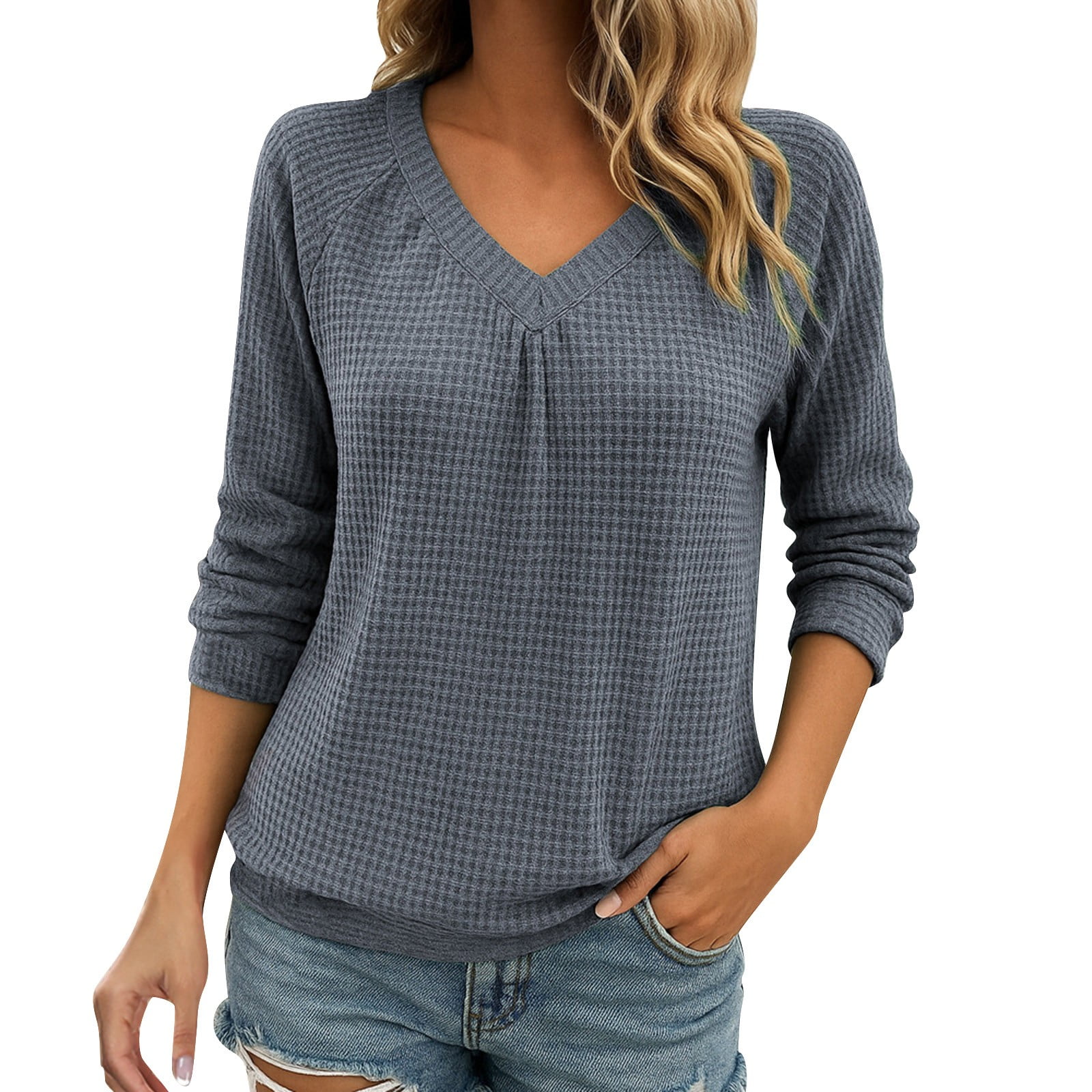 ManxiVoo Waffle Knit V Neck Long Sleeve Top for Women Easy Fit Casual ...