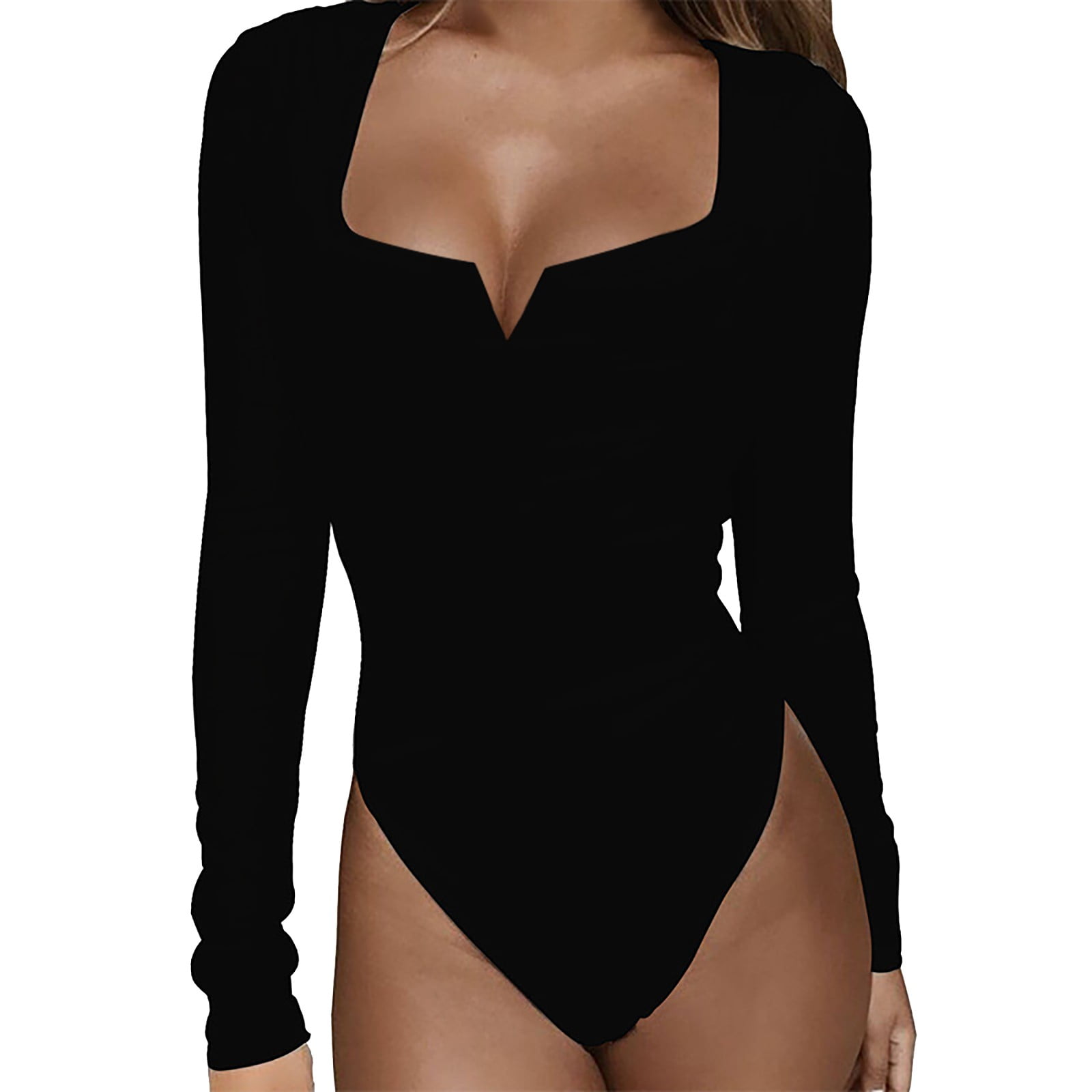 Manxivoo Fall Jumpsuits For Women Womens Low Cut Bodysuit Leotards Deep V Neck Long Sleeve Body