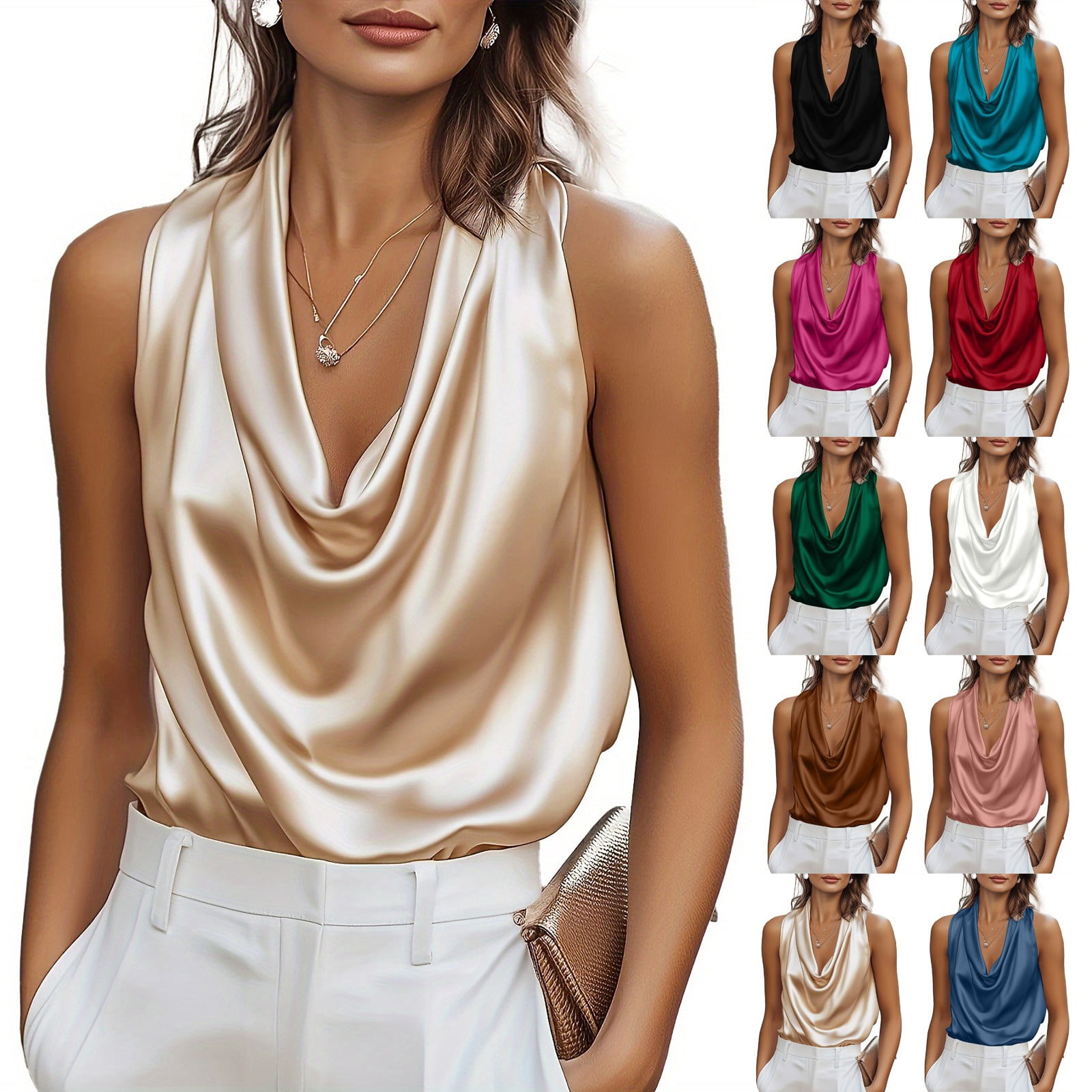 Manxivoo Women Satin Cowl Neck Sleeveless Tank Tops Trendy Blouse For ...