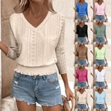 Manxivoo Women's 3/4 Sleeve Eyelet V Neck Crop Top Casual 2025 Fall ...